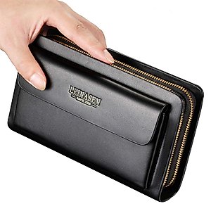 Mens Large Long Leather Clutch Hand Bag Wallet Purse Travel Passport Business Cell Phone Holster Credit Card Holder Case for Dad Husband (Black)