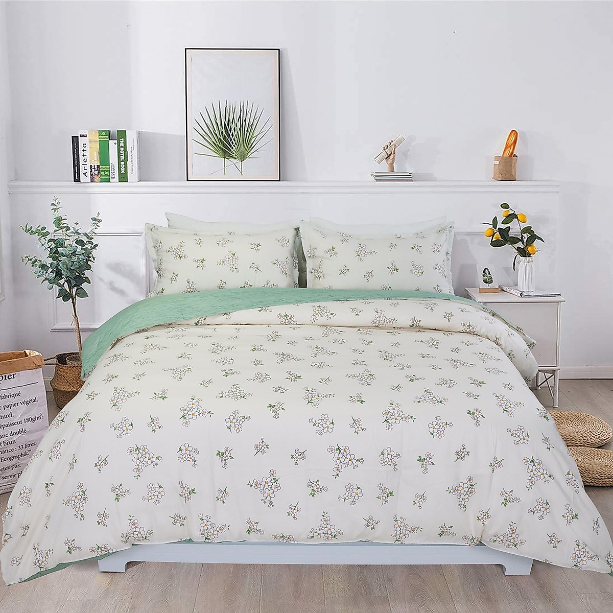Usfivefam Floral Duvet Cover Set Queen,3pcs Green Floral Printed Duvet Cover Reversible Garden Style Patterned Bedding Set Botanical Comforter Cover with Zipper Closure,Soft and Luxury,90 * 90"
