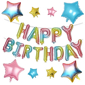 Happy Birthday Balloons Banner, Rainbow Happy Birthday Foil Balloons 16 Inch Mylar Foil Letter Balloons with 8 Pcs Gradient Blue Pink Star Balloons for Women Men Boys Girls Birthday Party Decorations