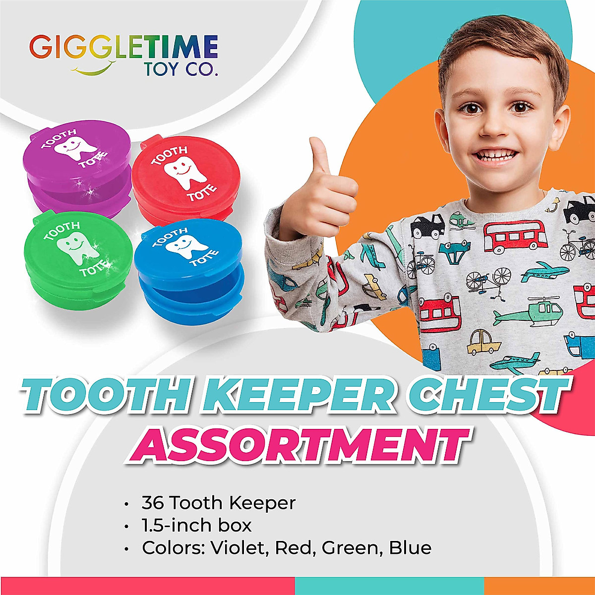 Giggle Time Round Tooth Holder for Baby Teeth 1.5 inches, Tooth Containers for Kids at School, Tooth Keeper, Vibrant Colors, Tooth Fairy Kit - Dental Bags, Piñata Stuffers, School Prizes - (36) Pcs