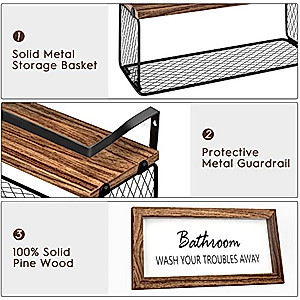 Floating Shelves, Bathroom Shelves Over Toilet with Wall Décor Sign, Wood Wall Shelves with Protective Metal Guardrail & Paper Storage Basket for Bathroom, Bedroom, Living Room, Kitchen (Black Walnut)