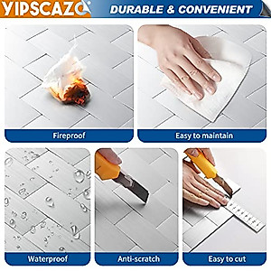 Yipscazo 5 - Sheet Peel and Stick Metal Backsplash, Stick on Tiles Stainless Steel Backsplash Peel and Stick for Kitchen, Bathroom, Fireplace (12''x12'', Silver)