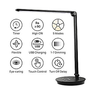 LED Desk Lamp, Consciot 12W Desk Light with USB Charging Port, 5 Lighting Modes 7 Brightness Levels, Dimmable & Adjustable, Touch-Sensitive Control, 30/60 min Auto Timer, Black