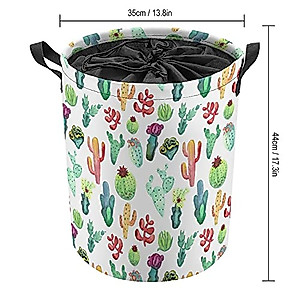 Nudquio Watercolor Cactus Seamless Pattern Laundry Basket with Drawstring Closure Lid and Handles Storage Hamper for Bedroom Office