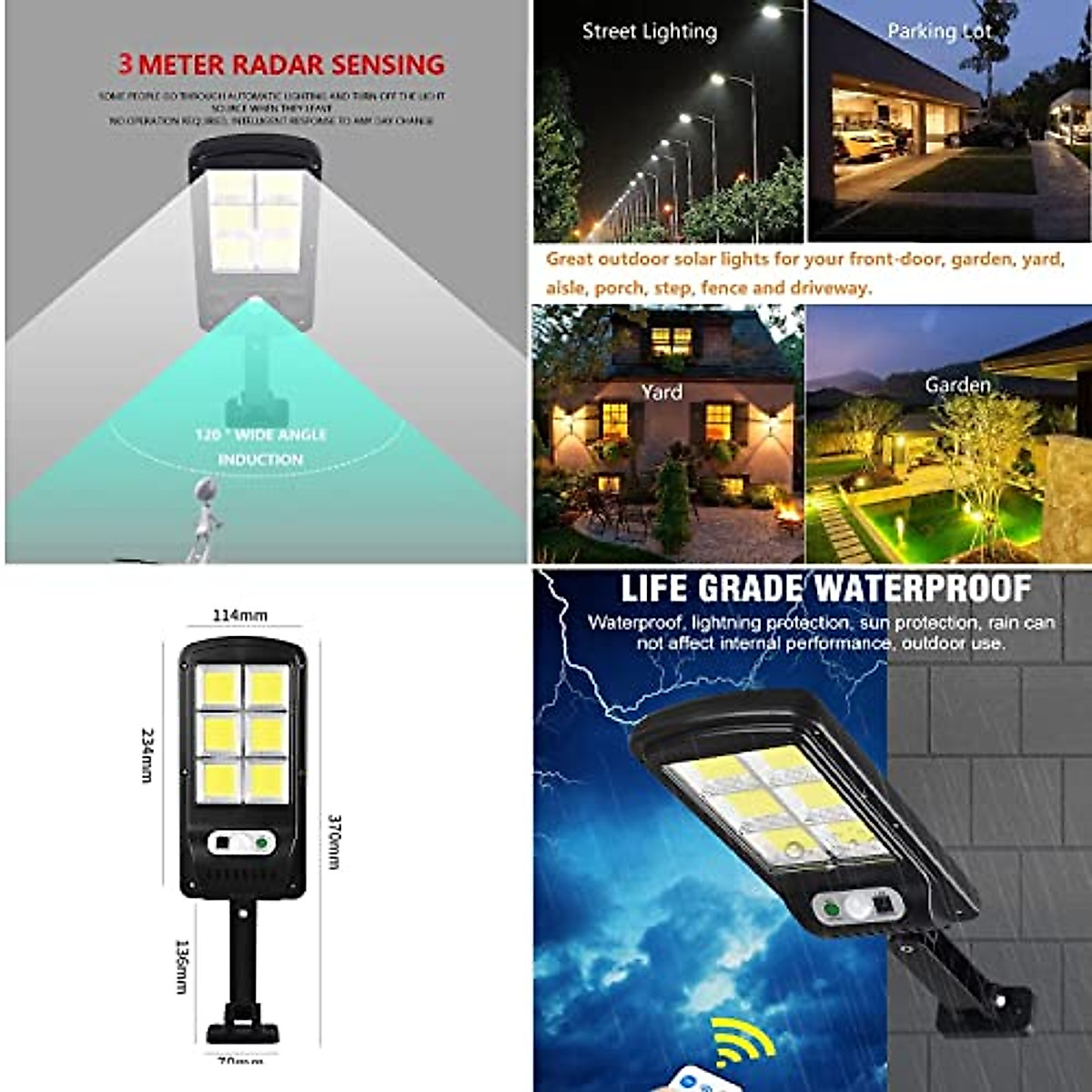 Solar Street Lights - 6000 Lumens 120 LED Motion Sensor Security Solar Flood Lights Outdoor Wall Lamp with 3 Lighting Modes for Front Door, Garden, Yard, Garage, Path (4-Pack)