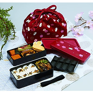 Japanese Traditional Rabbit Blossom Bento Box Set - Square 2 Tier Bento Box, Rice Ball Press, Bento Bag (Red)