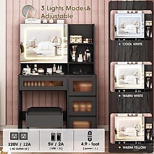 Makeup Vanity Desk with Sliding Mirror and Lights, 4 Drawers & Charging Station, LED Light, Vanity Table with Adjustable Brightness & 3 Colour Light Modes, Dresser Desk and Cushioned Stool Set, Black