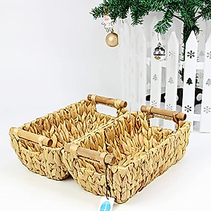 Casaphoria Small Square Irregular Hyacinth Storage Baskets Natural Hand Woven Water Hyacinth Snacks Fruits Basket Durable Trapezoid Sundries Baskets with Built-in Wooden Handles towel Basket，2-Pack