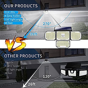 Solar Light Outdoor Motion Sensor Flood Light, 214 LED 500LM Security Light Wall Light Porch Light IP65 Waterproof 4 Adjustable Heads 340°Wide Angle with 3 Optional Modes Lighting for Garden (2 Pack)