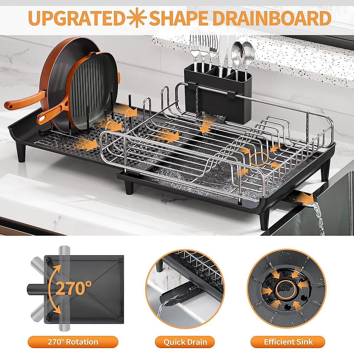 TOOLF Expandable Dish Drying Rack - Extendable Dish Rack for Kitchen Counter, Large Collapsible Countertop Dish Drainer with Pan & Pot Holder, Stainless Steel Dish Strainer with Cup & Utensil Holder