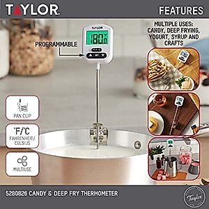 Taylor Programmable Digital Candy and Deep Fry Thermometer with Green Light Alert Display and Adjustable Pan Clip