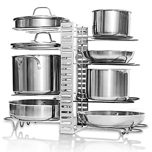 GeekDigg Pot and Pan Organizer for Cabinet, Extensible and Length Adjustable Lid Rack for Kitchen Counter and Cabinet, Lid Organizer for 10+ Pots and Pans with 6 DIY Methods (Silver)
