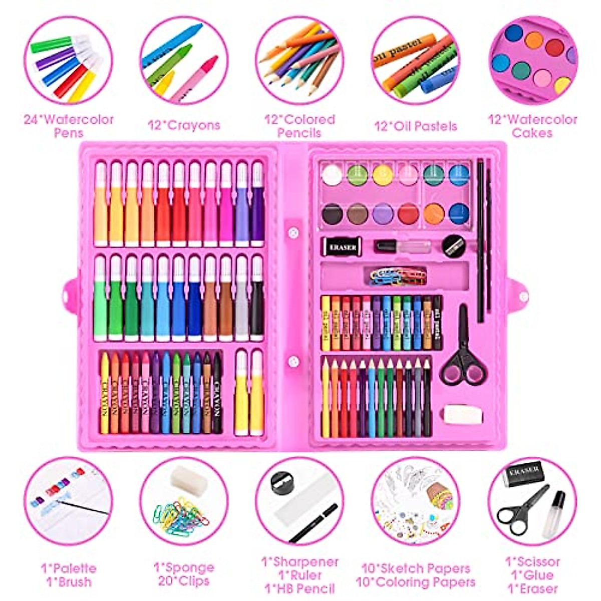 VigorFun Art Kit, Drawing Painting Art Supplies for Kids Girls Boys Teens, Gifts Art Set Case Includes Oil Pastels, Crayons, Colored Pencils, Watercolor Cakes (Pink)