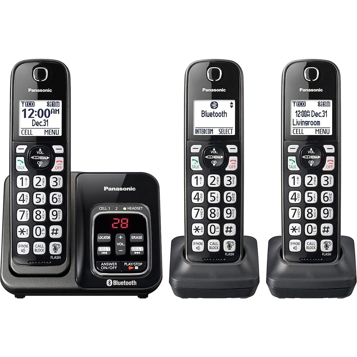 PANASONIC Expandable Cordless Phone System with Link2Cell Bluetooth, Voice Assistant, Answering Machine and Call Blocking - 3 Cordless Handsets - KX-TGD563M (Metallic Black)