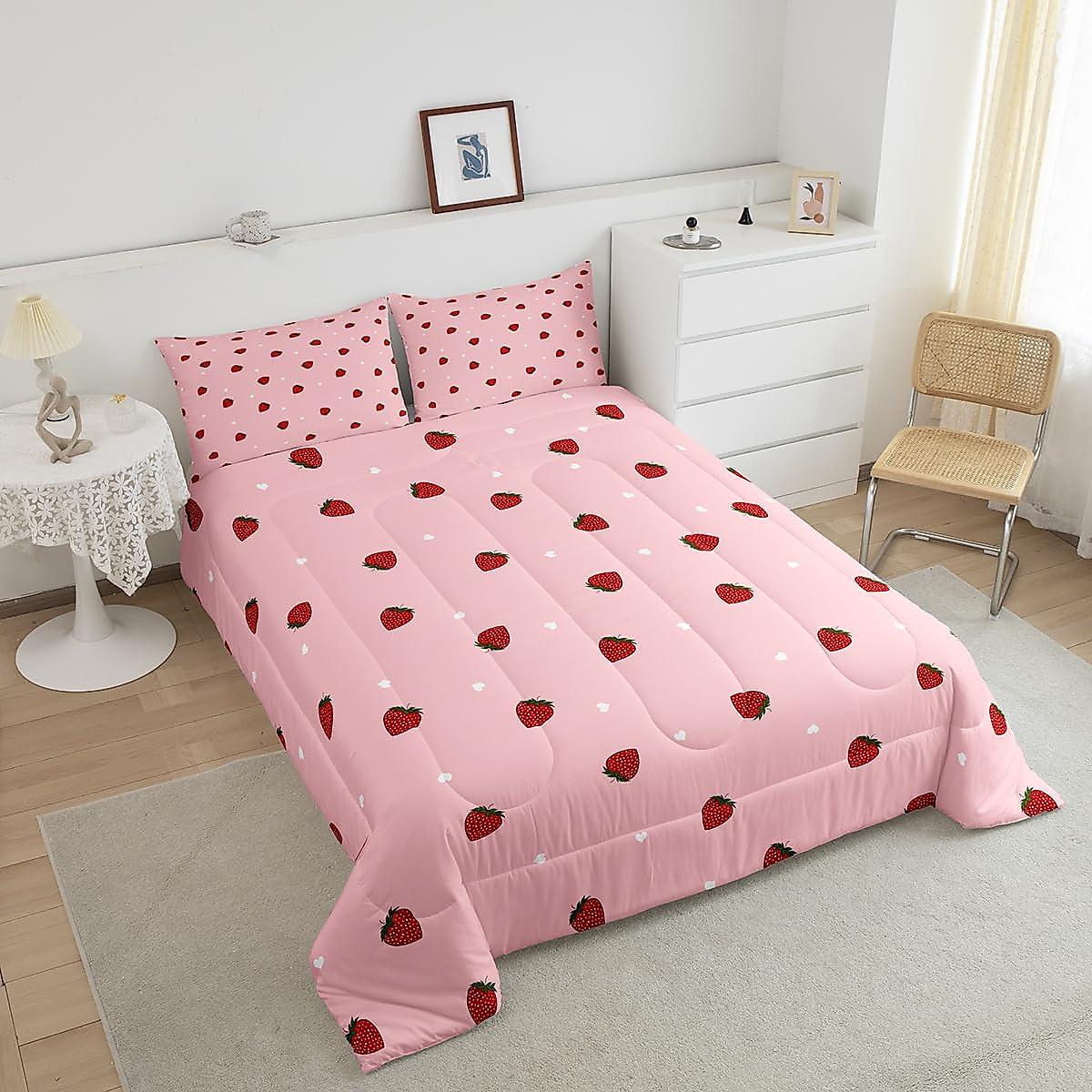 Feelyou Girls Strawberry Comforter Set Queen Size Cute Kawaii Bedding with 2 Pillowcases,3 Pieces
