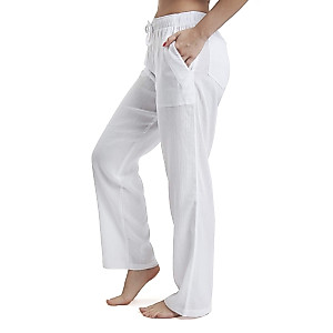 J CE Women's Cotton Gauze Low Waist Beach Pants with Pockets (White, XXXL)