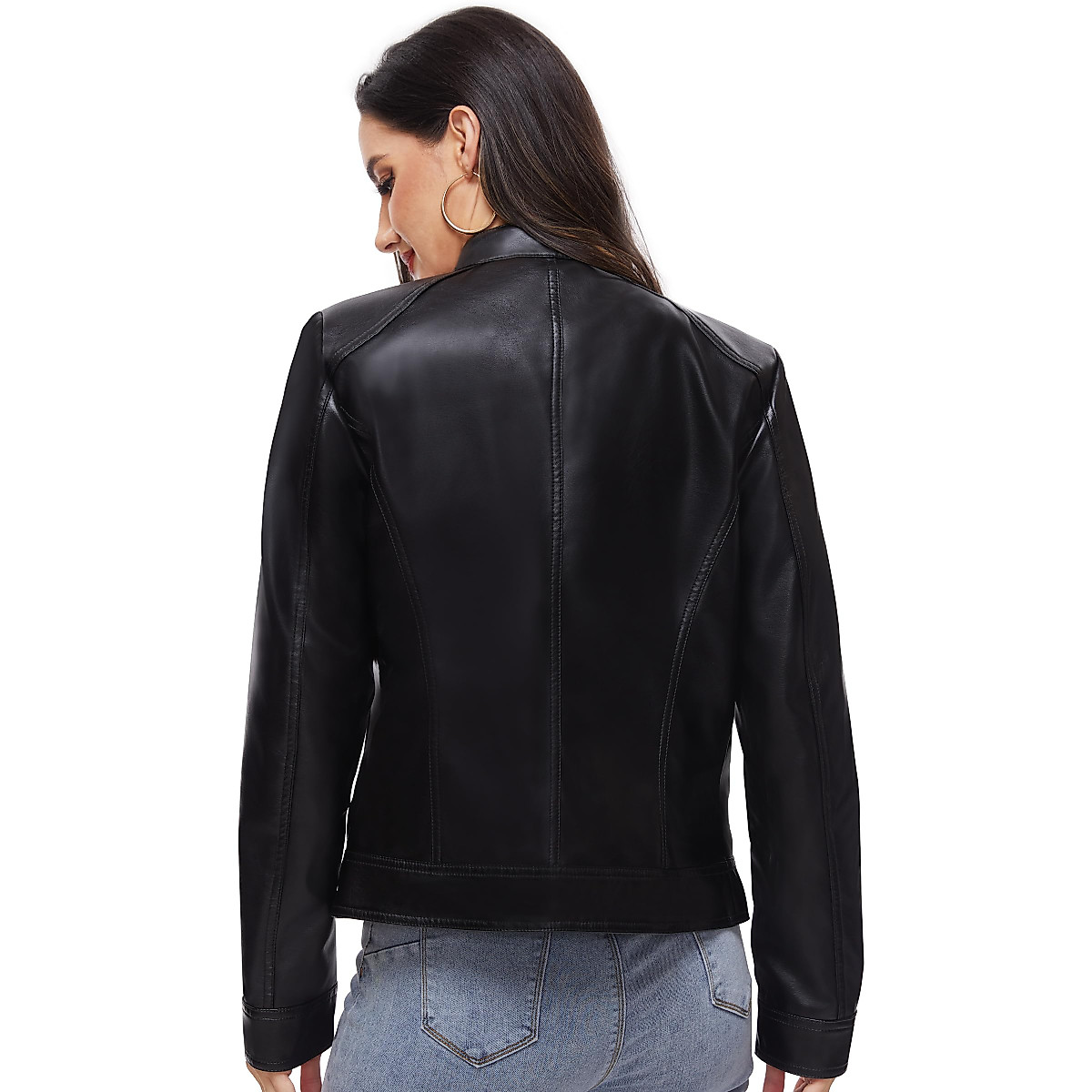 Fahsyee Women's Faux Leather Jackets, Zip Up Motorcycle Short PU Moto Biker Outwear Stand Collar Coat Size L Black