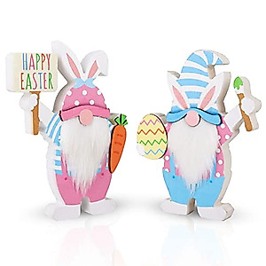 Treory Easter Decorations for The Home, 2 pcs Easter Bunny Shape Gnome Freestanding Wooden Table Centerpiece Signs Easter Gnomes for Tabletop Home Tiered Tray Decor Farmhouse for Easter Gifts