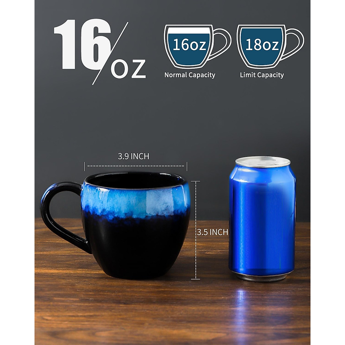 glowworm 16 oz Coffee Mugs, Ceramic Coffee Cups with Spoon, Large Coffee Mugs for Men/Women, Coffee Cups for Latte, Cocoa, Office, Home, Microwave & Dishwasher Safe, Set of 2, Black