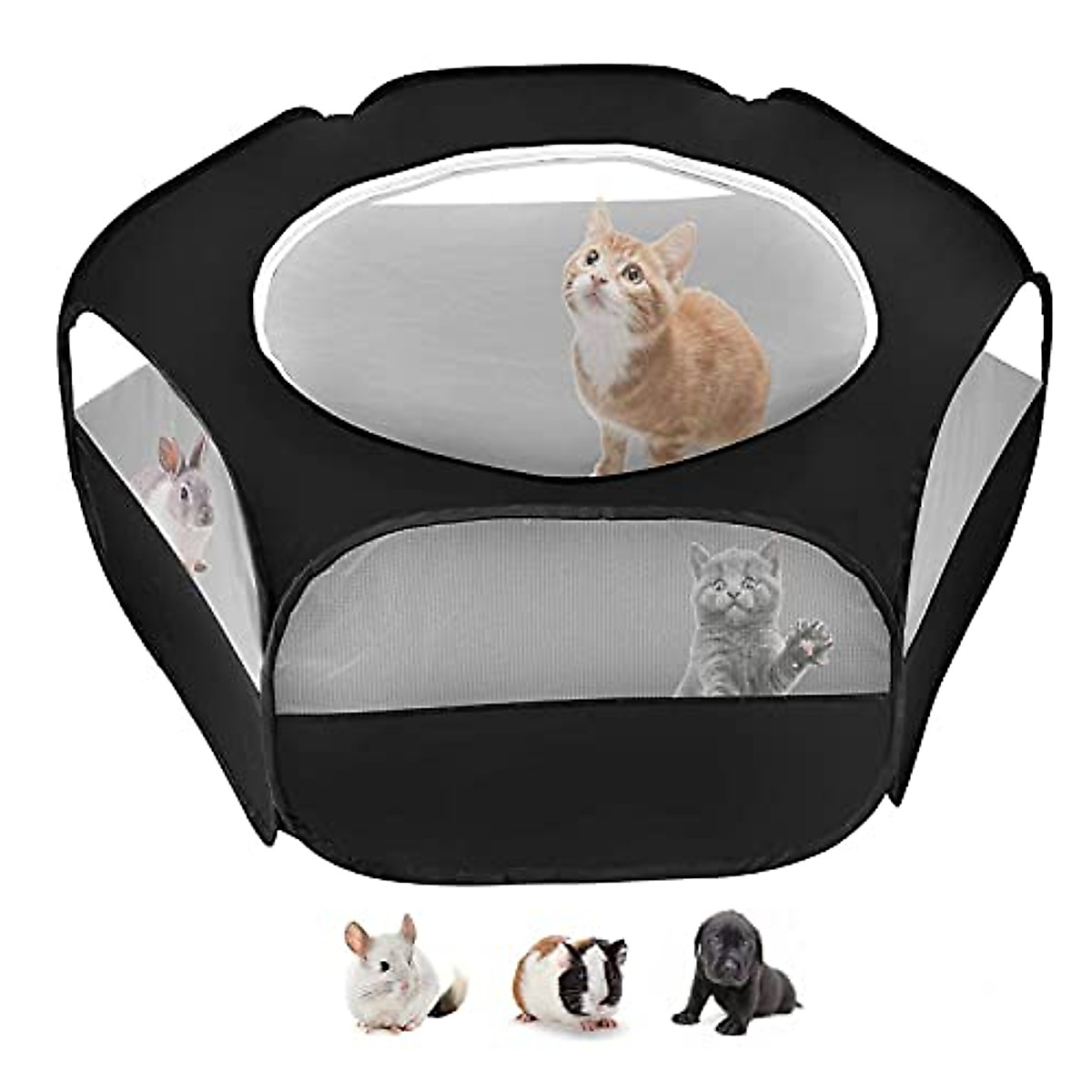 Pet Playpens with Top Cover for Small Animals Foldabel Breathable Transparent Pet Tent Anti Escape Portable Pet Cage Yard Fence for Puppy Dogs Hamster Kitten Cats Chinchillas Guinea Pig Rabbits