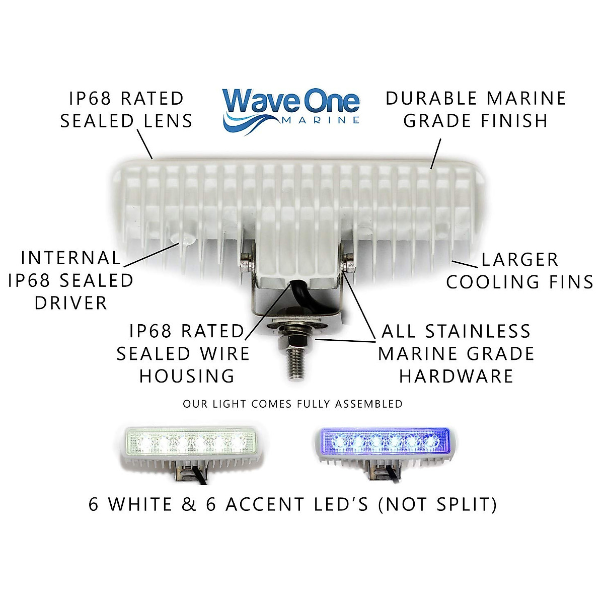 Wave One Marine | Dual Color LED Boat Spreader Light Deck Flood Beam Stainless Hardware & Bracket IP68 Waterproof Multicolor Bright High Lumen Output (White Housing, White & Blue)