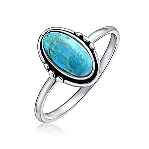 Western Boho Delicate Bezel Set Oval Cabochon Gemstone Blue Turquoise Ring For Women Teen 1MM Thin Band Oxidized .925 Sterling Silver