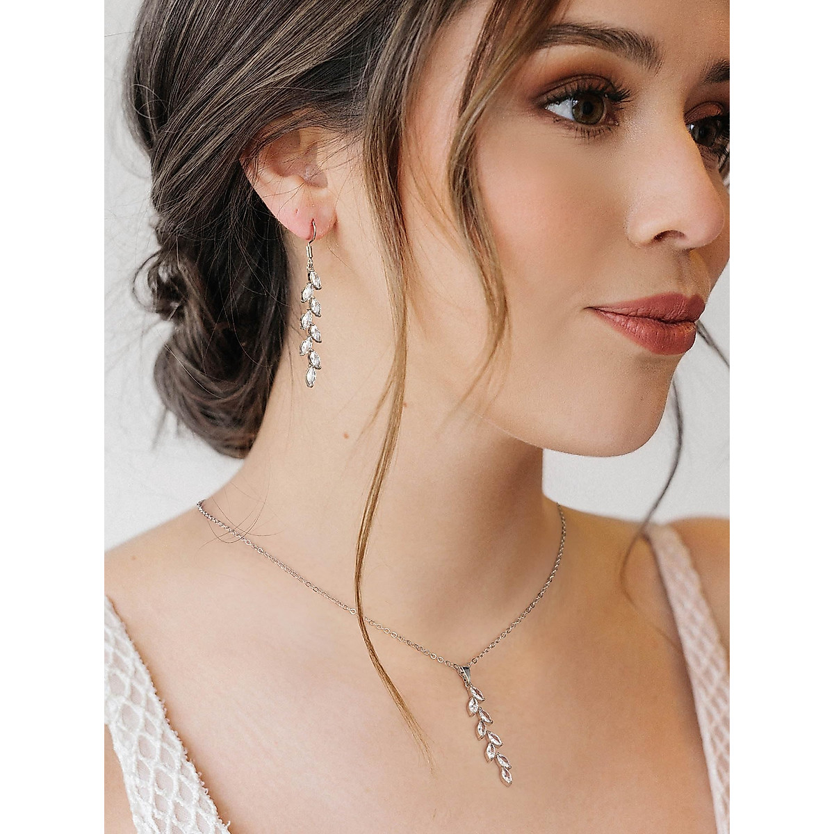 SWEETV Wedding Jewelry Sets for Brides Birdesmaid, Silver Cubic Zirconia Marquise Bridal Necklace Earrings Set for Women, Prom Costume Wedding Jewelry Gift