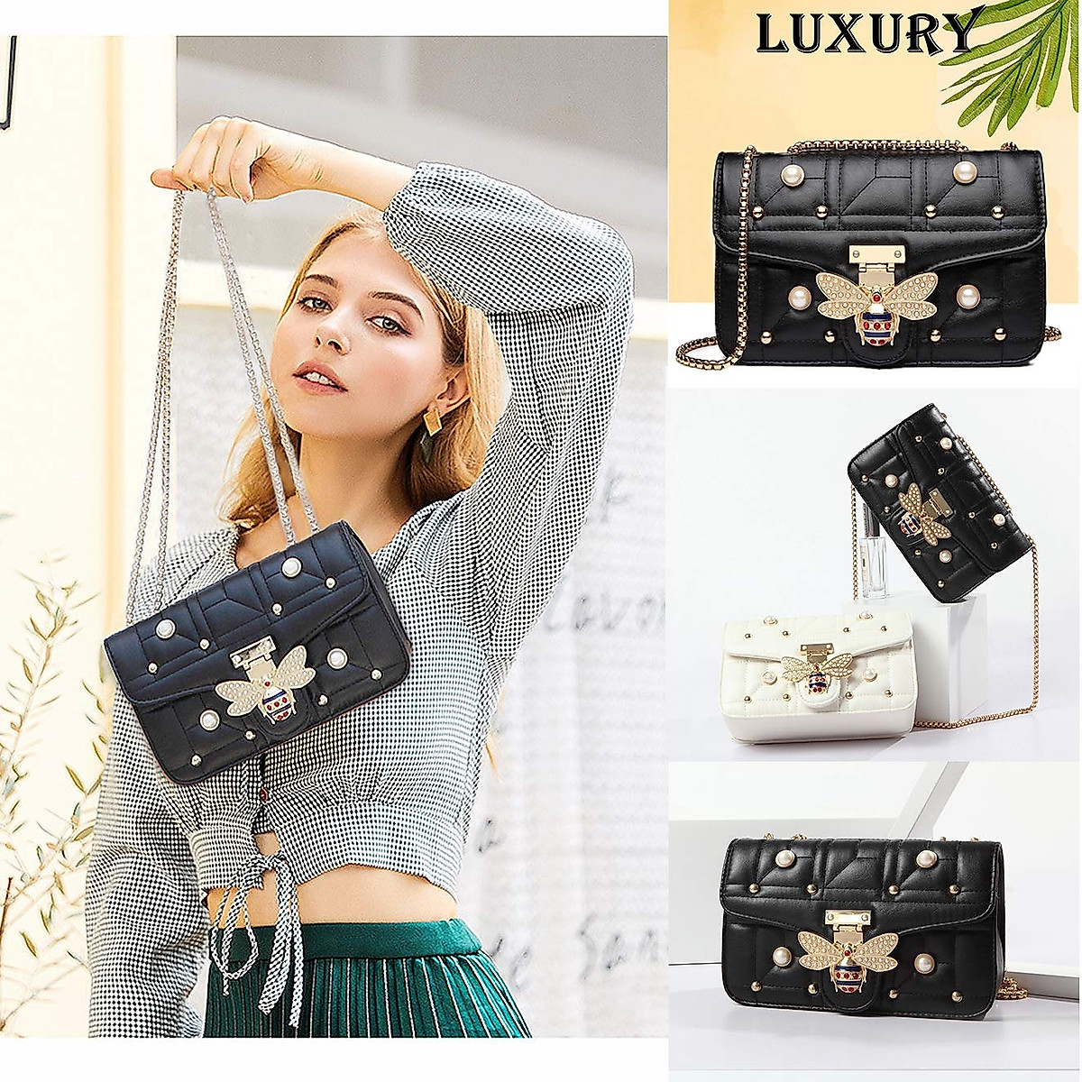 Beatfull Designer Bee Purse Shoulder Bag for Women Pear Crossbody Purse Handbag with Chain Black