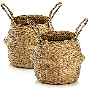 Yesland 2 Pack Woven Seagrass Plant Basket with Handles, Ideal Wicker Baskets Storage Plant Pot Basket for Laundry, Picnic, Plant Pot Cover, Beach Bag and Grocery Basket (L)