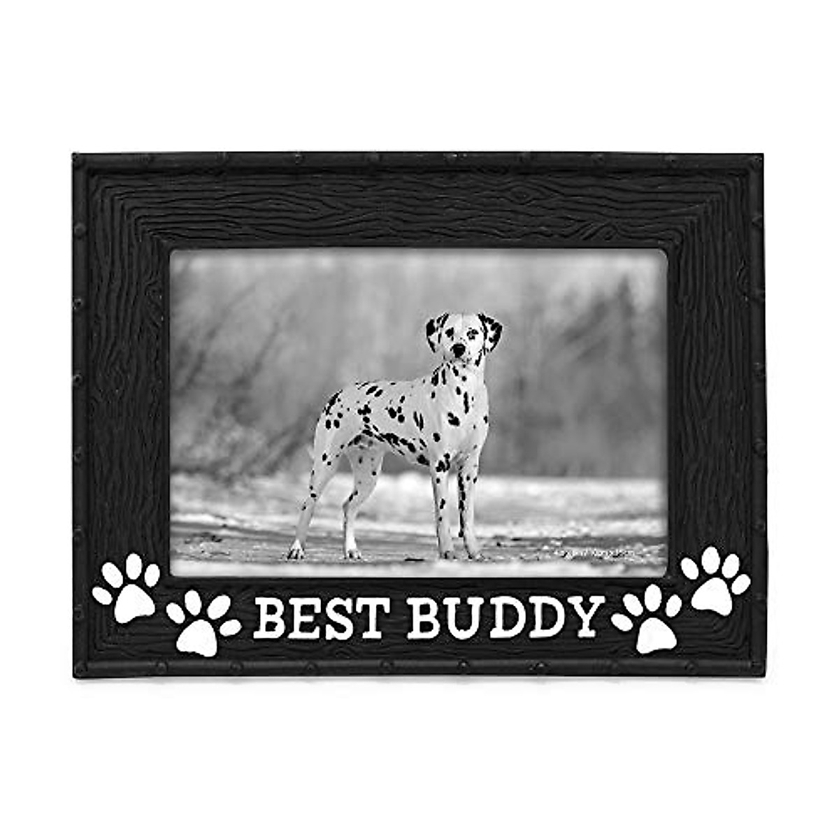 Isaac Jacobs 4” x 6” Resin Sentiments Dog Best Buddy Picture Frame, Horizontal Keepsake Photo Frame with Easel and Hanging Tabs for Tabletop, Desktop & Wall Display, (Black)