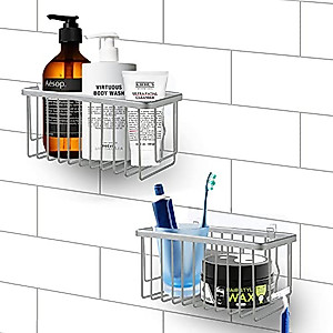 SunnyPoint Aluminum NeverRust Shower Caddy Basket Organizer Storage Shelf Rack; Adhesive Installation Pad Included (Set of 2, Grey)