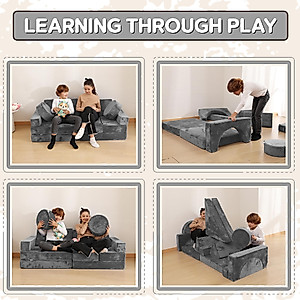 Kids Couch 14 PC Modular Kids Play Couch Set – Convertible Kids Sofa Couch with Soft Foam Sofa Cushions | Kids Fort Couch, Kid Couch Play Room Furniture, Grey