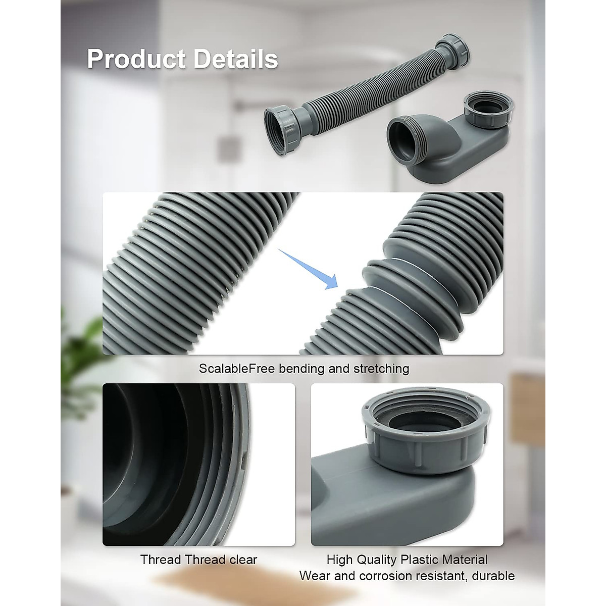 Nahntaipy Low Profile 1 1/2 P Trap Bathtub Shower Drain Pipe, Flat P Trap Freestanding Tub Drain for Bath