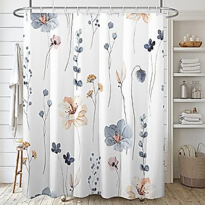 Decoreagy Watercolor Floral Shower Curtain Sets,Blue Beige Flowers Bathroom Curtains,Modern Minimalist White Bath Curtain, Waterproof Fabric with 12 Hooks 72x72 Inches