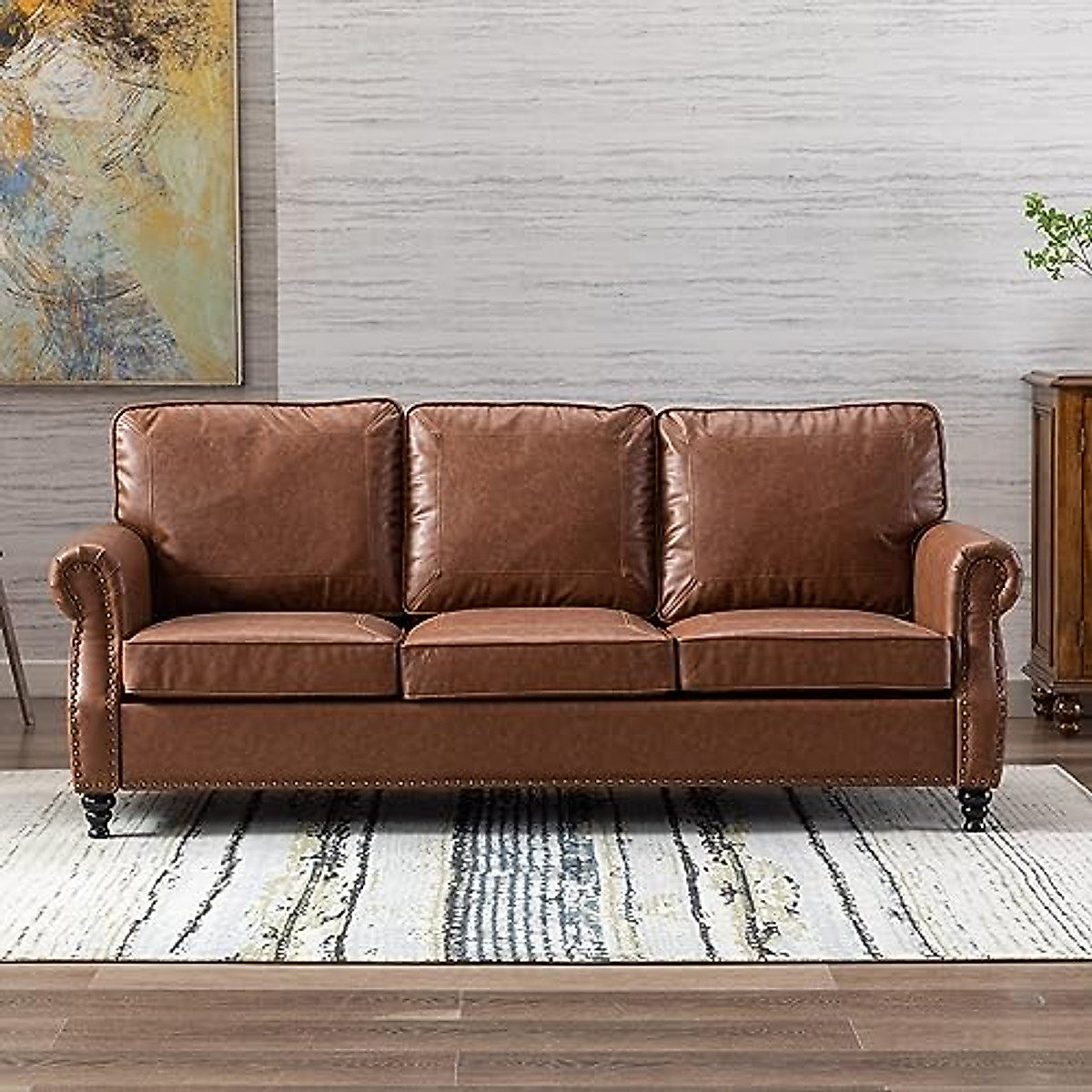 Dreamsir 79'' Traditional Faux Leather Sofa Couch with Nailhead Trim, Classic 3-Seater Couch with Rolled Arm for Living Room, Bedroom, Apartment, Easy Assembly (Coffee)