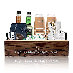 Ismosm Coffee Station Organizer, Farmhouse Coffee Bar Accessories Organizer Basket for Countertop, Office Coffee Station, Wooden Tray for Coffee Supplies and Essentials, Sugar, Syrup,Tea (Brown)