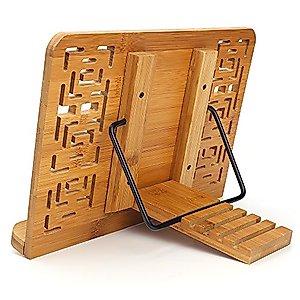 wishacc Bamboo Book Stand Reading Rest Holder Cookbook Cook Stand/Foldable Tablet PC Textbook/Music Document Stand/Desk Bookrest with Retro Hollow Elegant Pattern