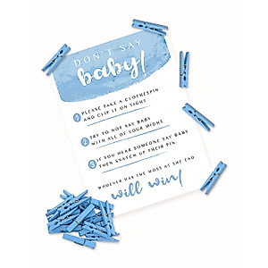 Don't Say Baby Game for Boy with Blue Natural Wooden Clothespins for Baby Shower Pins Game and Cute 5 x 7 Sign - 30 People - by Shower Games & Co.
