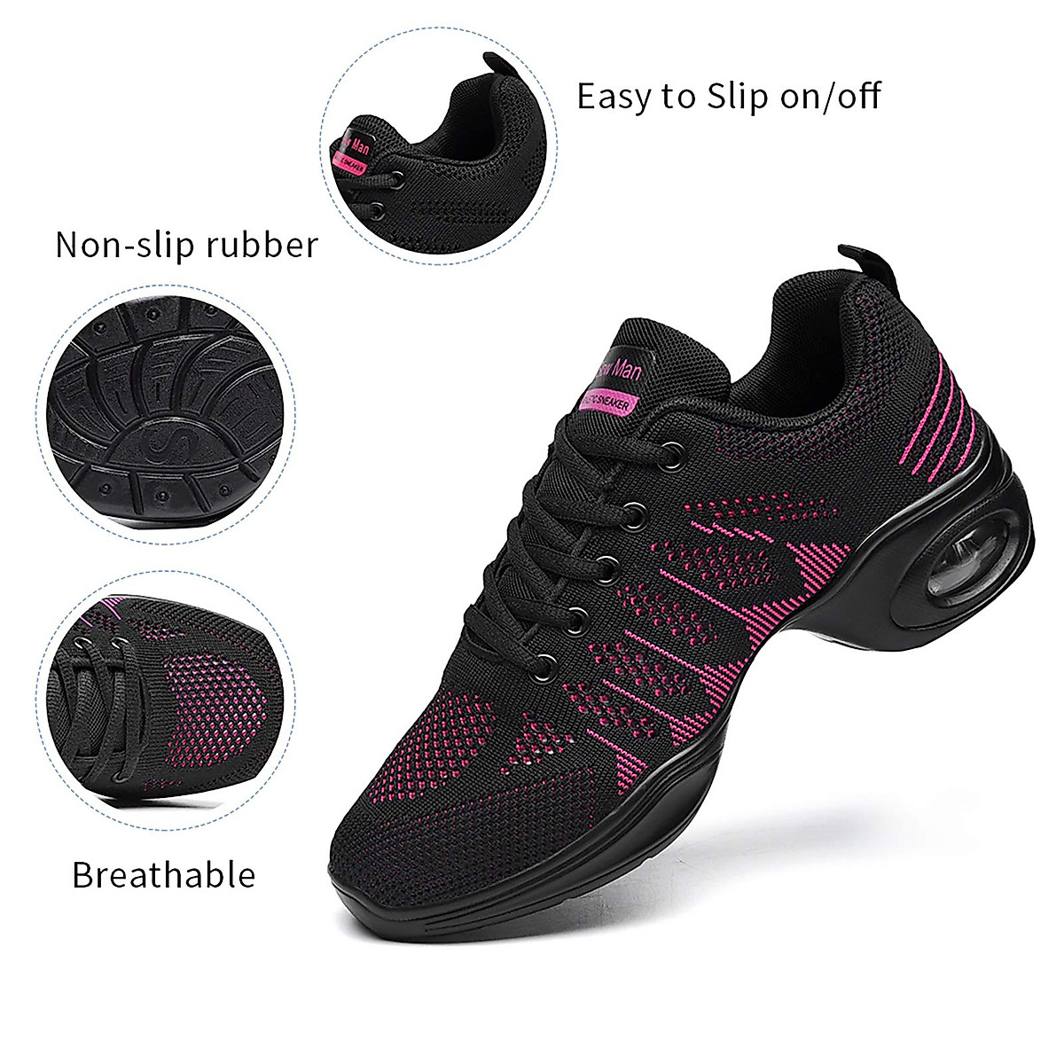 Women's Jazz Shoes Lace-up Sneakers - Breathable Air Cushion Lady Split Sole Athletic Walking Dance Shoes Platform Black&Pink,7