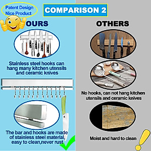 YIIYIIN 17" Premium 304 Stainless Steel Double-Sided Magnetic Knife Holder for Wall or Fridge -with Adhesive Strip, No Drill - 12 Hooks Included for Kitchen Utensils