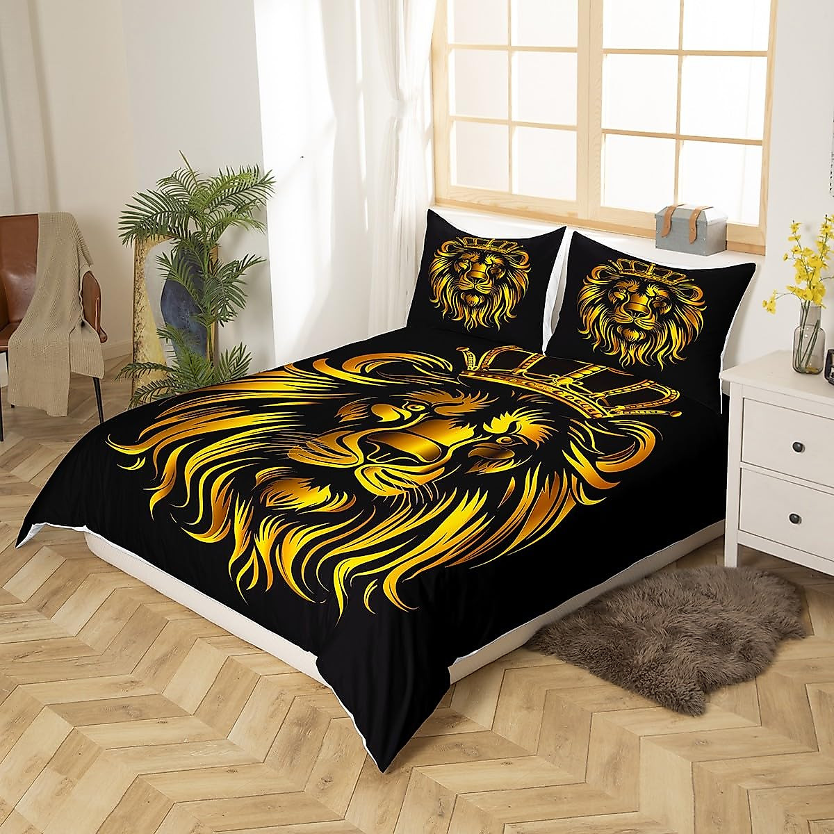 Castle Fairy Gold Roaring Lion Print Bedding Cover King Wild Animal King Comforter Sets for Adults Black Base 3 Pieces Duvet Sets(1 Duvet Cover 2 Pillow Cases),No Comforter