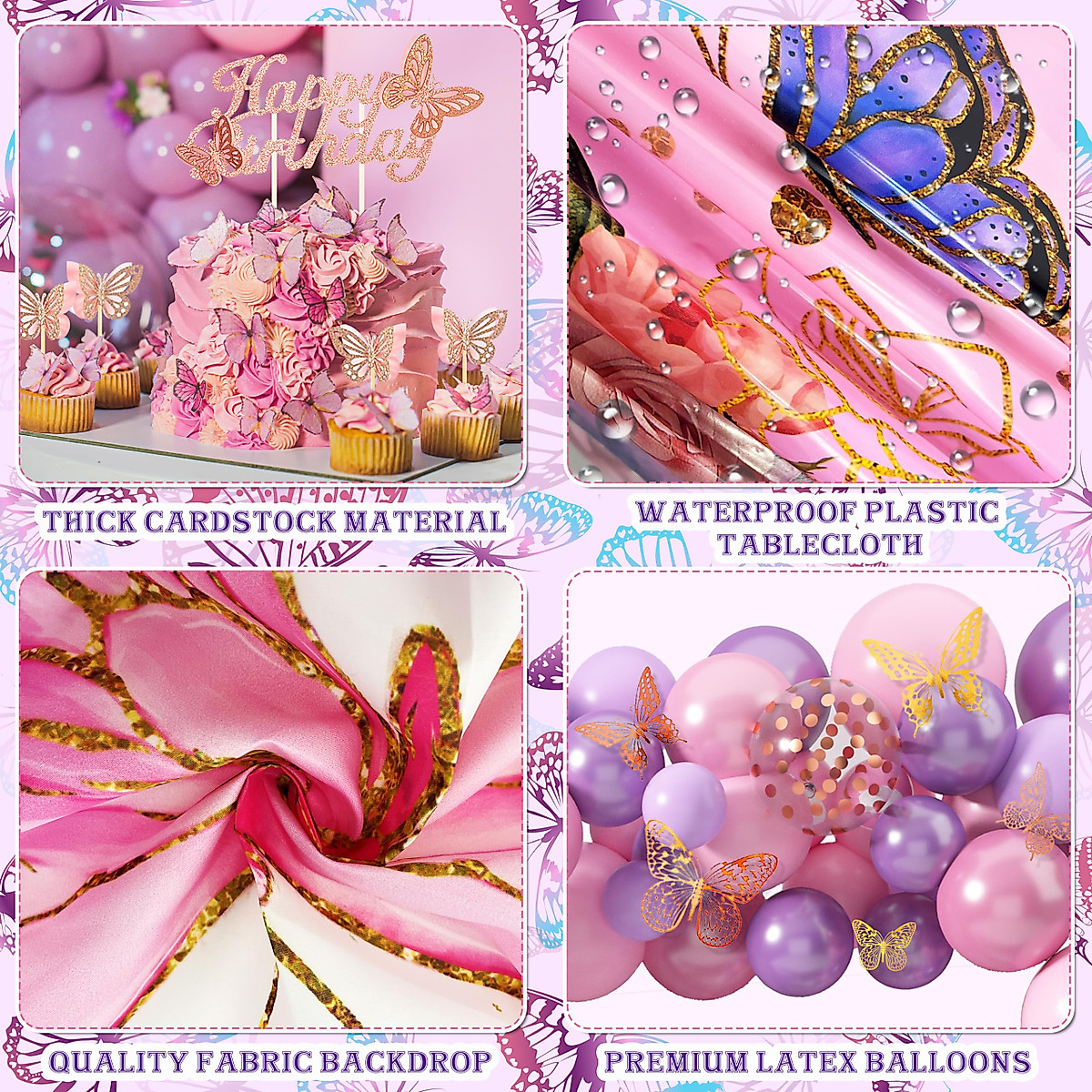 Butterfly Birthday Decorations Party Supplies for Girls Women with Pink Purple Balloon Arch Kit Backdrop Tablecloth Butterfly Wall Decor Foil Balloons Cake Toppers