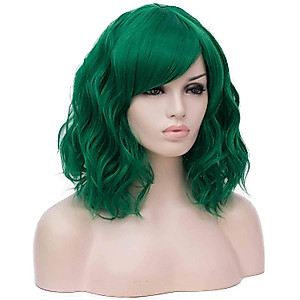 Mildiso Dark Green Wigs for Women Short Curly Wavy Bob Wig with Bangs Green Hair Wig with Wig Caps Cute Colorful Synthetic Wig for Daily Party M073