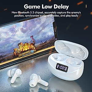 Bcaikair Wireless Earbuds, Bluetooth Headphones 5.3 HiFi Stereo, Wireless Earphones with ENC Noise Cancelling Mic, LED Digital Display in Ear Buds White