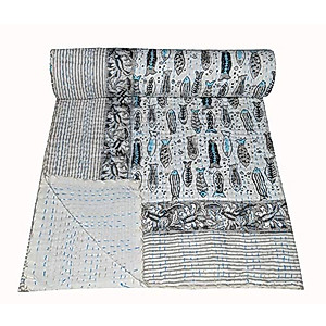 MAVISS HOMES Indian Hand Block Fish Printed Kantha Quilt | Vintage Handmade Cotton Kantha Throw Blanket Bedspread Home Decore |Bedding | Super Soft Cozy Vibe Blanket; Multicolour