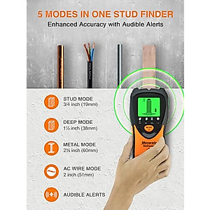 Mecurate Stud Finder Wall Scanner Sensor - 5 in 1 Electronic Stud with LCD Display & Audio Alarm for Wood AC Live Wire Metal Studs Detection Joist Pipe