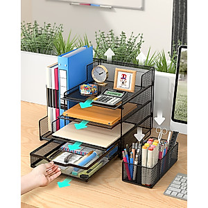 VIVSOL Desk Organizer with Mesh File Holder, 4-Tier Office Supplies Desk Organizers and Accessories with Sliding Drawers, 3 Trays & Pen Holder, Desk File Organizer and Storage for Office, School, Home