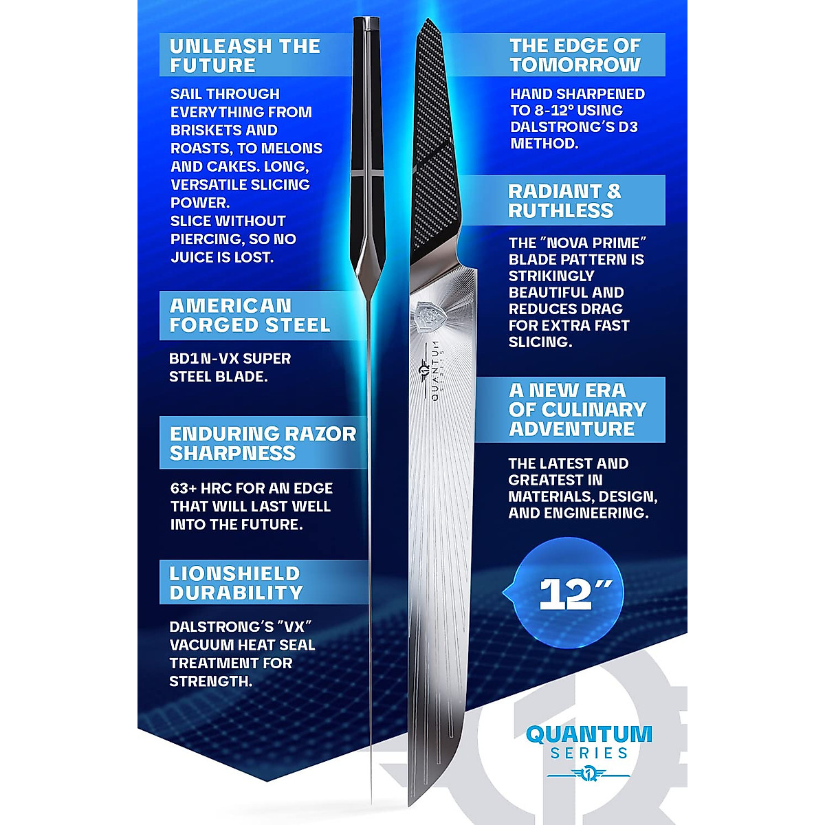 Dalstrong Slicing Knife - 12 inch Brisket, Meat and BBQ Knife - Razor Sharp American Forged BD1N-VX Hyper Steel - Quantum Series - Premium Kitchen Knife - Carving Knife Slicer - Leather Sheath