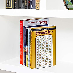 Acrimet Metal Bookends Design Series (Heavy Duty) (White Bookend with Gold Design) (1 Pair Pack)