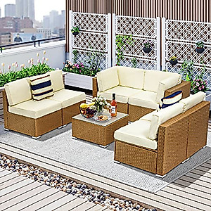 YITAHOME 7 Pieces Patio Furniture Set, Outdoor Sectional Sofa PE Rattan Wicker Conversation Set Outside Couch with Table and Cushions for Porch Lawn Garden Backyard (Yellow+Beige)